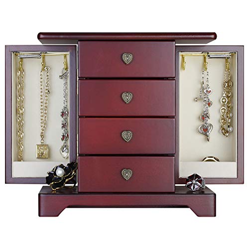 RR ROUND RICH DESIGN Jewelry Box - Made of Solid Wood with Cabinet Type 4 Drawers Organizer and 2 Doors on Sides - Dark Brown