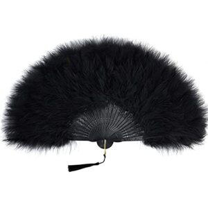 babeyond marabou feather fan 20s vintage folding fan flapper hand fan for costume dancing show tea party wedding decoration (black-black rib)