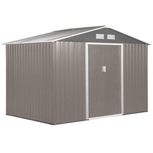 outsunny 9′ x 6′ metal storage shed garden tool house with double sliding doors, 4 air vents for backyard, patio, lawn grey