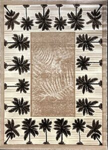 palm tree modern area rug tropical beige & green design 729 (5 feet x 7 feet)