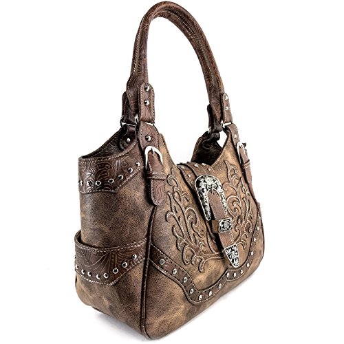 Justin West Western Studded Rhinestone Buckle Laser Cut Studded Shoulder Tote Handbag Purse Wristlet Wallet (Brown Purse and Wallet Set)