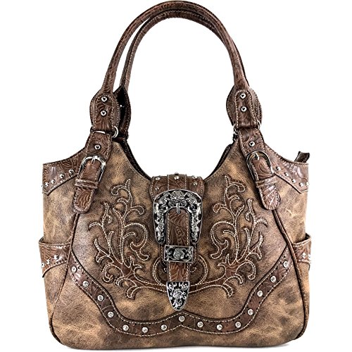 Justin West Western Studded Rhinestone Buckle Laser Cut Studded Shoulder Tote Handbag Purse Wristlet Wallet (Brown Purse and Wallet Set)