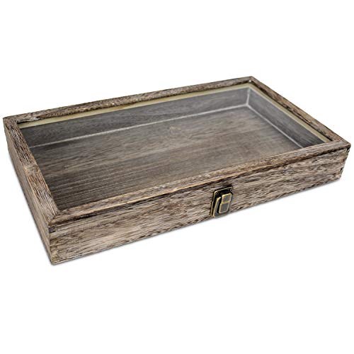 Mooca Natural Wood Glass Top Jewelry Display Case Accessories Storage Box with Metal Clasp, Wooden Jewelry Tray for Collectibles, Home Organization, Coffee