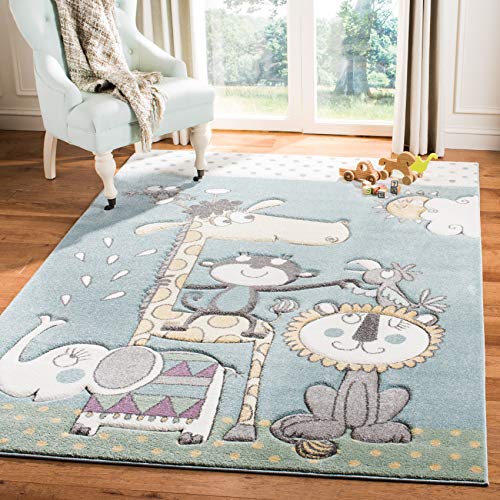 SAFAVIEH Carousel Kids Collection 5'3" x 7'6" Ivory/Blue CRK185A Animal Nursery Playroom Area Rug