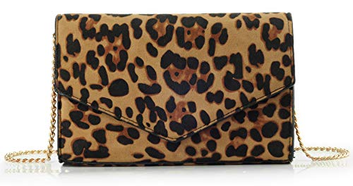 HOXIS Leopard Print Envelope Evening Clutch Women Chain Shoulder Bag (Brown Leopard Print)