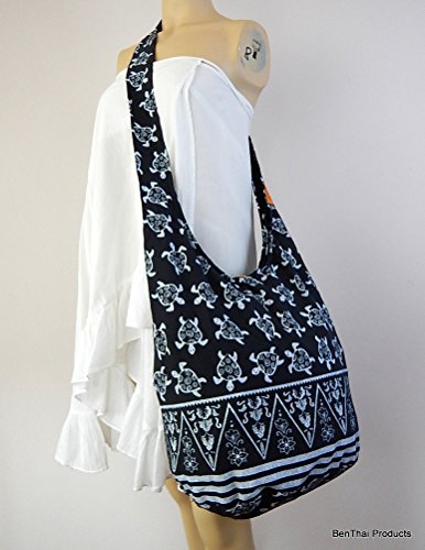 BTP! Turtle Sling Crossbody Shoulder Bag Purse Hippie Hobo Thai Cotton Gypsy Bohemian Large (Black OW1)