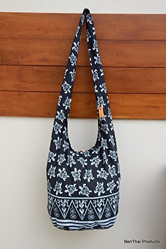 BTP! Turtle Sling Crossbody Shoulder Bag Purse Hippie Hobo Thai Cotton Gypsy Bohemian Large (Black OW1)