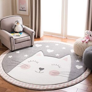 safavieh carousel kids collection 5’3″ round pink / grey crk134p cat nursery playroom area rug