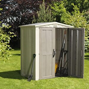 Keter Factor 6x3 Outdoor Storage Shed Kit-Perfect to Store Patio Furniture, Garden Tools Bike Accessories, Beach Chairs and Push Lawn Mower, Taupe & Brown