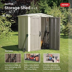 Keter Factor 6x3 Outdoor Storage Shed Kit-Perfect to Store Patio Furniture, Garden Tools Bike Accessories, Beach Chairs and Push Lawn Mower, Taupe & Brown