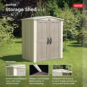 Keter Factor 6x3 Outdoor Storage Shed Kit-Perfect to Store Patio Furniture, Garden Tools Bike Accessories, Beach Chairs and Push Lawn Mower, Taupe & Brown