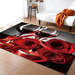 large area rug for living room- valentines romantic red rose flowers and wine soft comfort carpet home decorate contemporary runner rugs, 2′ x 3′