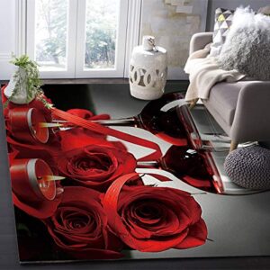 Large Area Rug for Living Room- Valentines Romantic Red Rose Flowers and Wine Soft Comfort Carpet Home Decorate Contemporary Runner Rugs, 2' x 3'