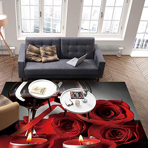 Large Area Rug for Living Room- Valentines Romantic Red Rose Flowers and Wine Soft Comfort Carpet Home Decorate Contemporary Runner Rugs, 2' x 3'