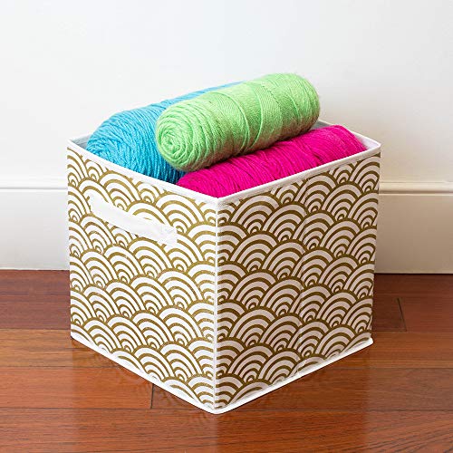 Home Basics Metallic Scallop Non-Woven Storage Bin Cube Basket Box, Dual Handles & Removable Bottoms Collapsible Foldable for Home Decor Office Closet Bedroom Drawer Toy Organizer