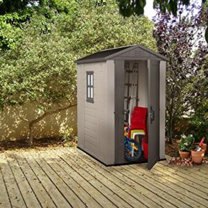 Keter Factor 4x6 Outdoor Storage Shed | Store Patio Furniture, Garden tools, Bike accesories, beach chairs, or Lawn Mowers | Taupe & Brown