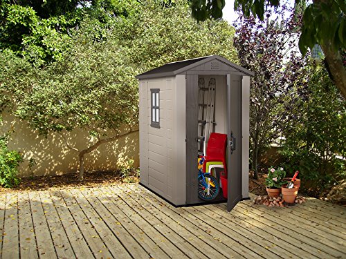 Keter Factor 4x6 Outdoor Storage Shed | Store Patio Furniture, Garden tools, Bike accesories, beach chairs, or Lawn Mowers | Taupe & Brown