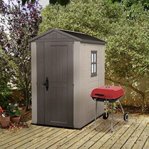 Keter Factor 4x6 Outdoor Storage Shed | Store Patio Furniture, Garden tools, Bike accesories, beach chairs, or Lawn Mowers | Taupe & Brown