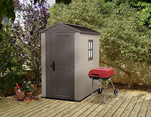 Keter Factor 4x6 Outdoor Storage Shed | Store Patio Furniture, Garden tools, Bike accesories, beach chairs, or Lawn Mowers | Taupe & Brown