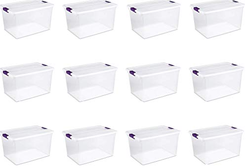 Sterilite 17571706 66-Quart ClearView Latch Box Storage Tote Container with Purple Handles for Home or Office Organization, 12 Pack