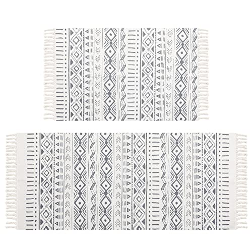 Pauwer Cotton Area Rug Set 2 Piece 4.2'x2'+3'x2' Hand Woven Cotton Rugs with Tassel Washable Cotton Throw Rugs Runner for Kitchen, Living Room, Bedroom