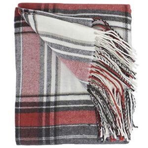 Fennco Styles Classic Plaid Pattern Tassel Trim Throw Blanket 50 x 60 Inch - Red White Throw for Couch, Home Decor and Holiday Winter Season