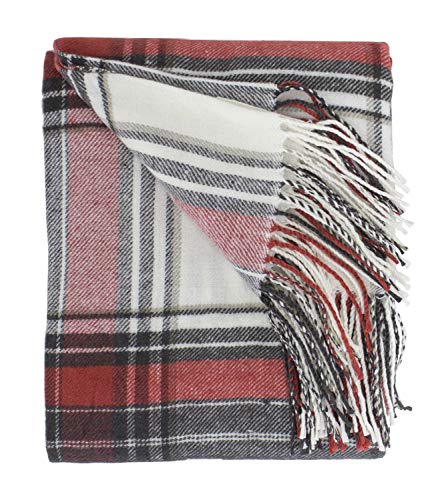 Fennco Styles Classic Plaid Pattern Tassel Trim Throw Blanket 50 x 60 Inch - Red White Throw for Couch, Home Decor and Holiday Winter Season