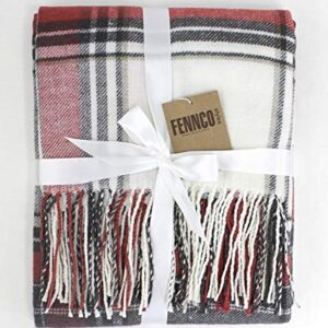 Fennco Styles Classic Plaid Pattern Tassel Trim Throw Blanket 50 x 60 Inch - Red White Throw for Couch, Home Decor and Holiday Winter Season