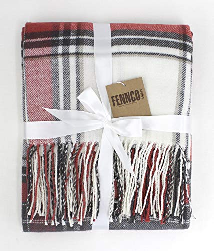 Fennco Styles Classic Plaid Pattern Tassel Trim Throw Blanket 50 x 60 Inch - Red White Throw for Couch, Home Decor and Holiday Winter Season