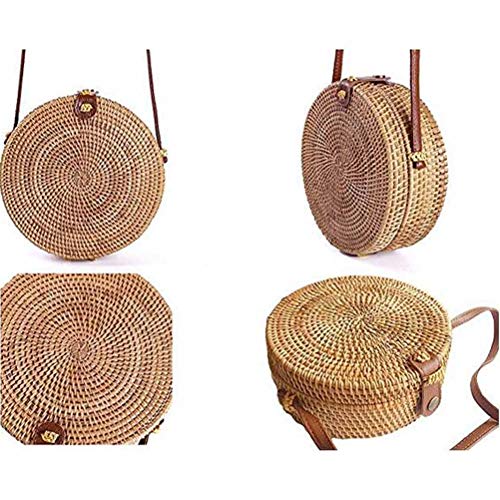 Hossejoy Handwoven Round Rattan Bag Shoulder Leather Straps for Women