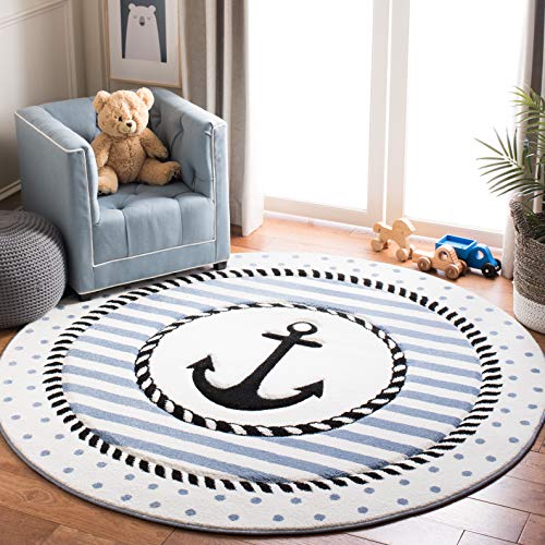 SAFAVIEH Carousel Kids Collection 5'3" Round Ivory / Navy CRK124A Nautical Anchor Nursery Playroom Area Rug