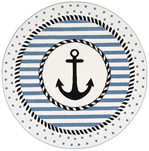 SAFAVIEH Carousel Kids Collection 5'3" Round Ivory / Navy CRK124A Nautical Anchor Nursery Playroom Area Rug