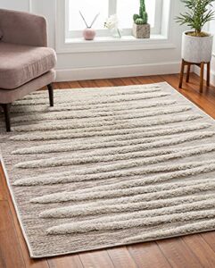 well woven bergen beige flat-weave hi-low pile geometric stripes moroccan tribal area rug 8×10 (7’10” x 9’10”)