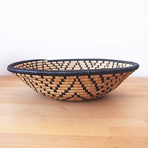 16" X-Large African Basket- Kitale/Rwanda Basket/Woven Bowl/Sisal & Sweetgrass Basket/Black, Tan