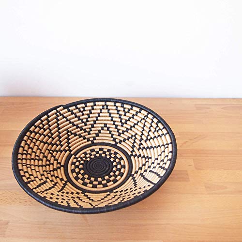 16" X-Large African Basket- Kitale/Rwanda Basket/Woven Bowl/Sisal & Sweetgrass Basket/Black, Tan