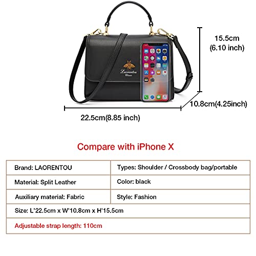 LAORENTOU Cow Leather Small Handbag Purse for Women Satchel Handle Bag Shoulder Bags Crossbody Bags with Adjustable Strap Black