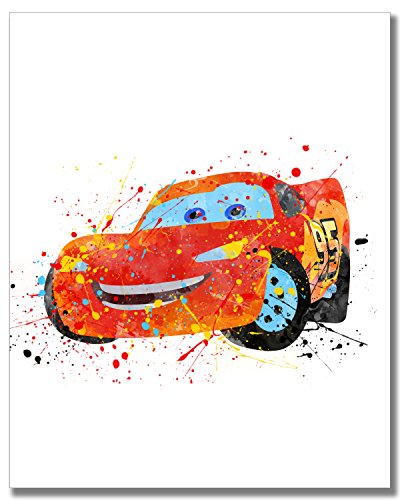 Cars Watercolor Prints - Set of 4 (8 inches x 10 inches) Wall Art Decor Kids Bedroom Photos Lightning McQueen Tow Mater Francesco Bernoulli Sheriff