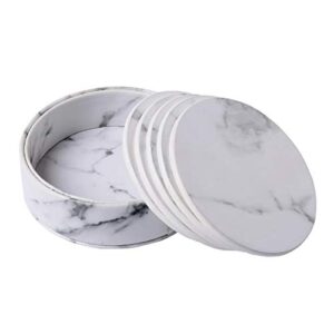 WAYIFON Coasters for Drinks, 6 PCS Premium PU Leather Coaster, Heat Resistant Drink Coaster with Holder - Protect Table from Stains Water Rings and Damage - Housewarming Gift - Marble White Pattern