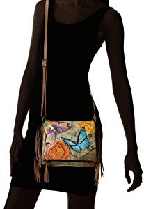 Anna by Anuschka Women's Genuine Leather Flap-Over Cross Body | Hand Painted Original Artwork | Floral Paradise Tan