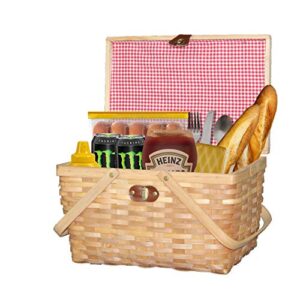 vintiquewise.com gingham lined woodchip picnic basket with lid and movable handles