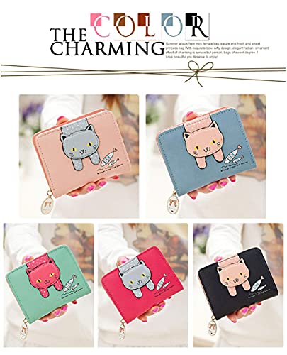 Girls Women Faux Leather Small Wallet Cute Cat Pattern Clutch Purse Coin Holder Card Organizer,Bifold (Blue)