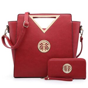 women handbag cut out triangle top handle bag large fashion tote satchel work purse (7464 burgundy + matching wallet)