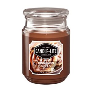 candle-lite scented candles, cinnamon rolls fragrance, one 18 oz. single-wick aromatherapy candle with 110 hours of burn time, brown color