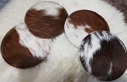 Set of 4 Natural Cowhide Tea Coasters | Hair On Round Tea Coasters for Multipurpose