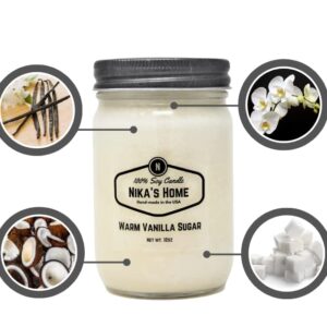 Nika's Home Vanilla Sugar Soy Candle 12oz Mason Jar Non-Toxic White Soy Handmade, Long Burning 50-60 Hours Highly Scented All Natural, Clean Burning Large Candle Gift Décor