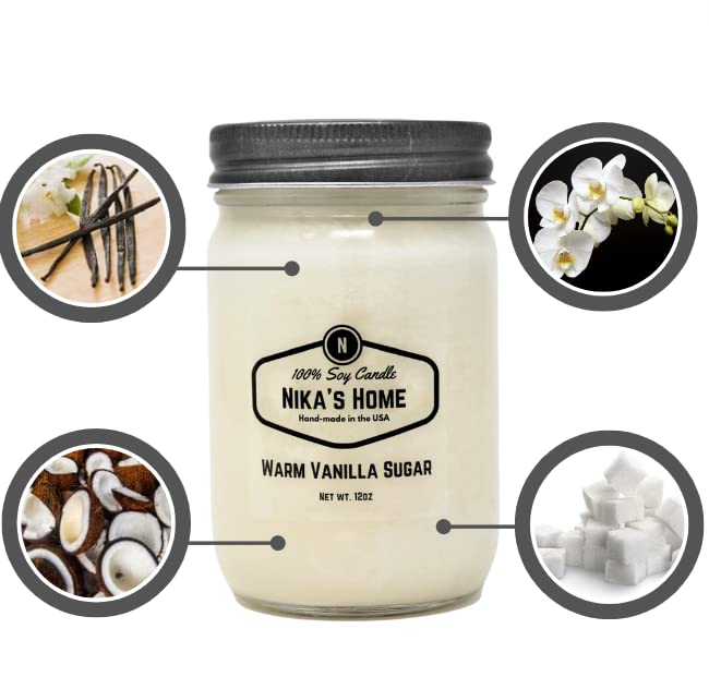 Nika's Home Vanilla Sugar Soy Candle 12oz Mason Jar Non-Toxic White Soy Handmade, Long Burning 50-60 Hours Highly Scented All Natural, Clean Burning Large Candle Gift Décor