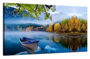 arjun lake canvas wall art blue mountain sky nature landscape boat picture artwork modern spring painting framed large for living room bedroom bathroom dinning room home office wall decor, 40″x20″