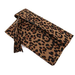 CHARMING TAILOR Leopard Clutch Bag for Women Tassel Foldover Clutch Faux Suede Dressy Purse for Day to Evening (Brown)