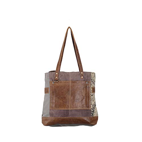 Myra Bags Side Floral Print Upcycled Canvas Tote Bag S-0915, Tan, Khaki, Brown, One_Size