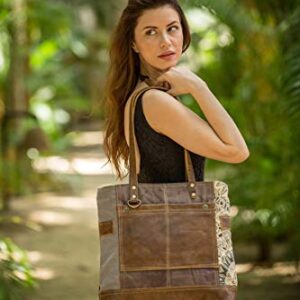 Myra Bags Side Floral Print Upcycled Canvas Tote Bag S-0915, Tan, Khaki, Brown, One_Size